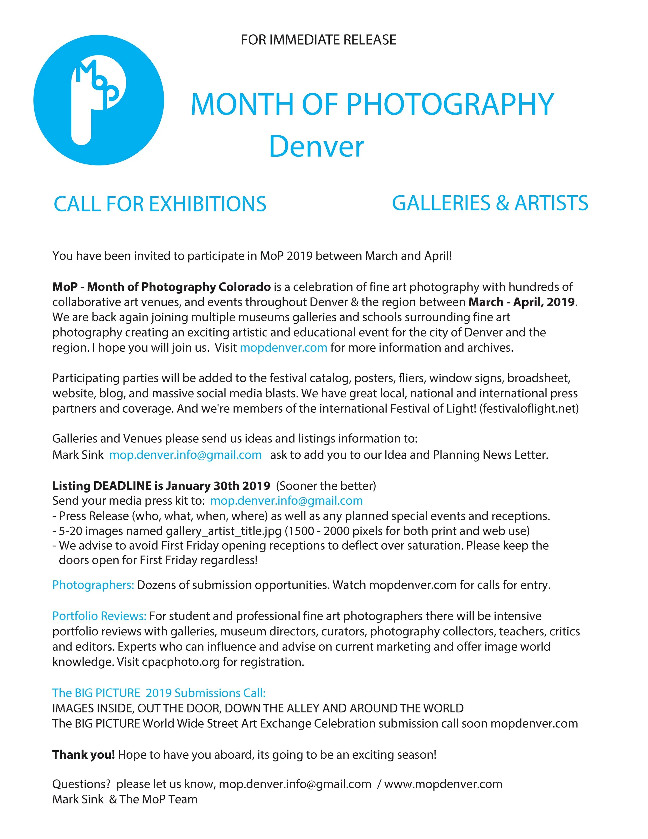 MOP CALL FOR EXHIBITIONS - 01.30.19 — Month of Photography