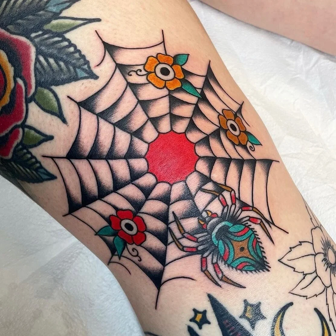 Traditional Spider Web Elbow Tattoos