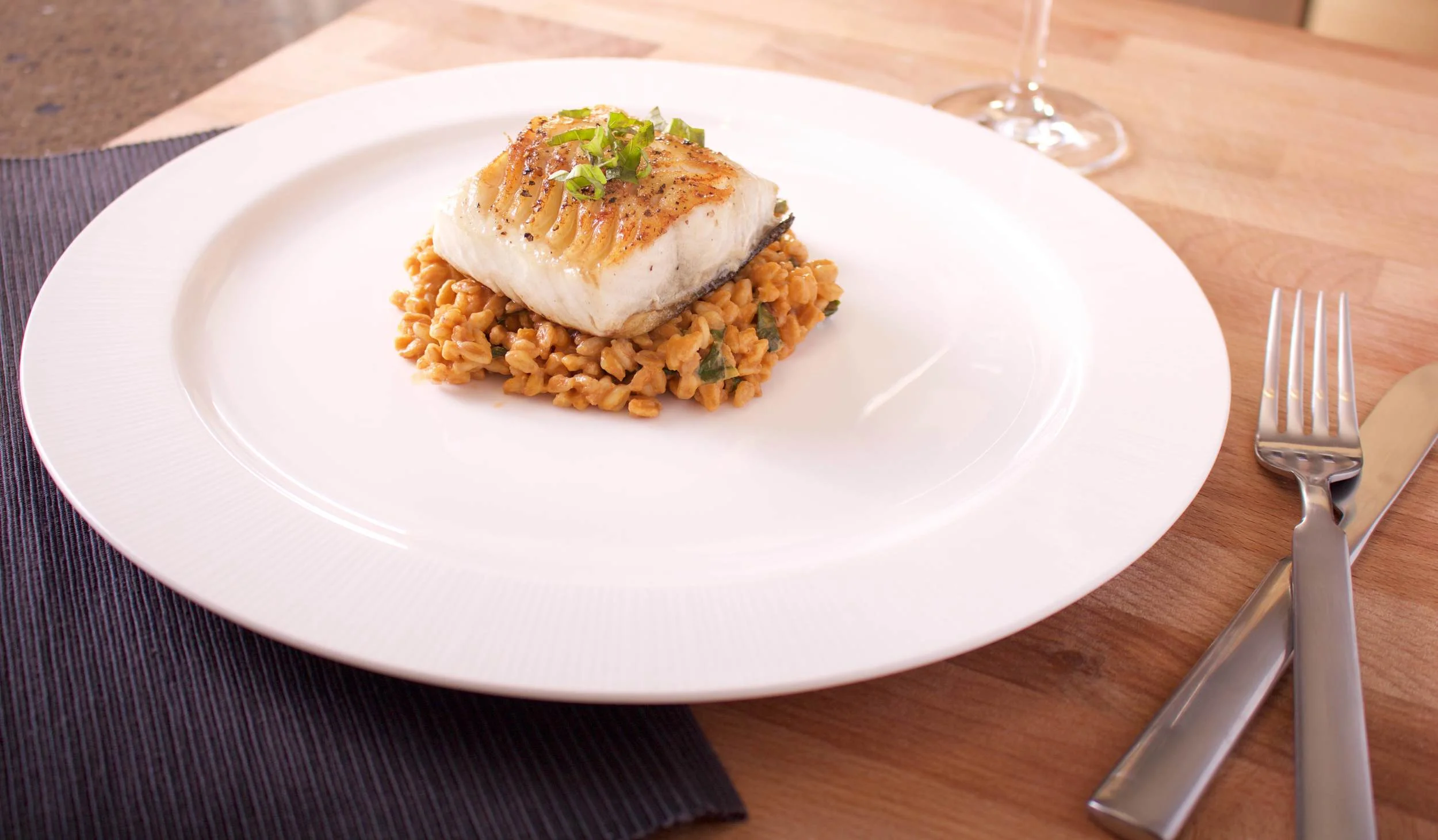 Farro Risotto with Pan Seared Black Cod — Land of Noms