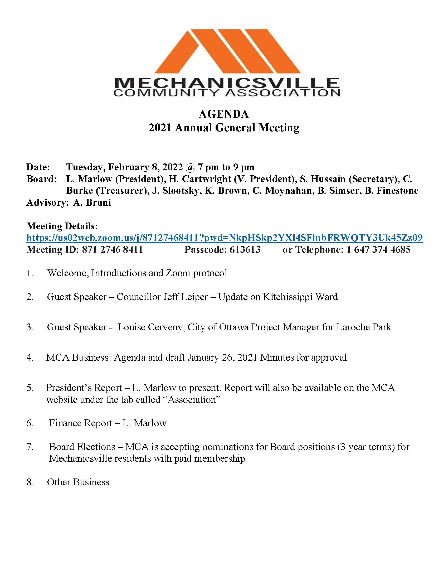 2021 MCA AGM — Mechanicsville Community Association