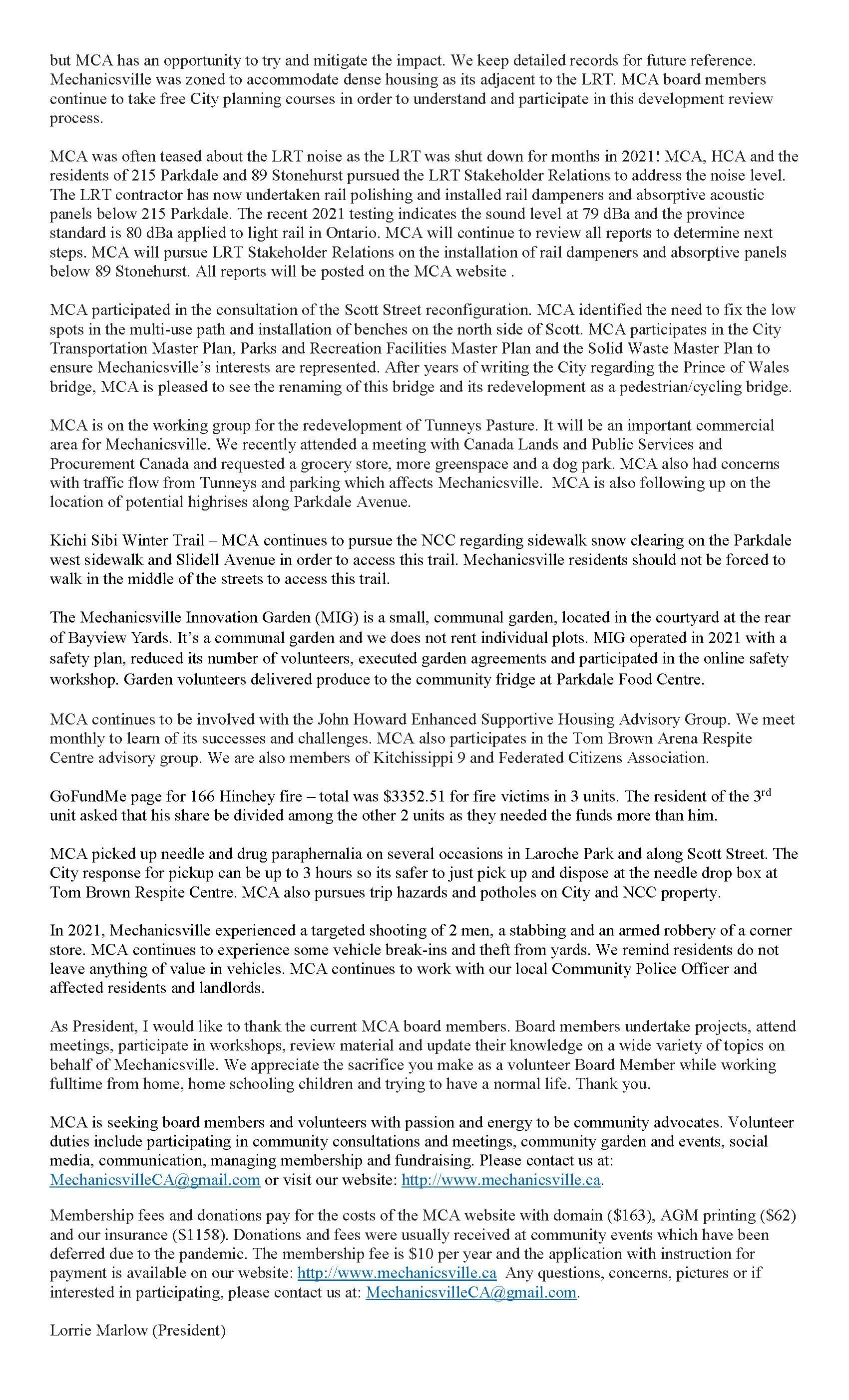 2021 MCA AGM — Mechanicsville Community Association