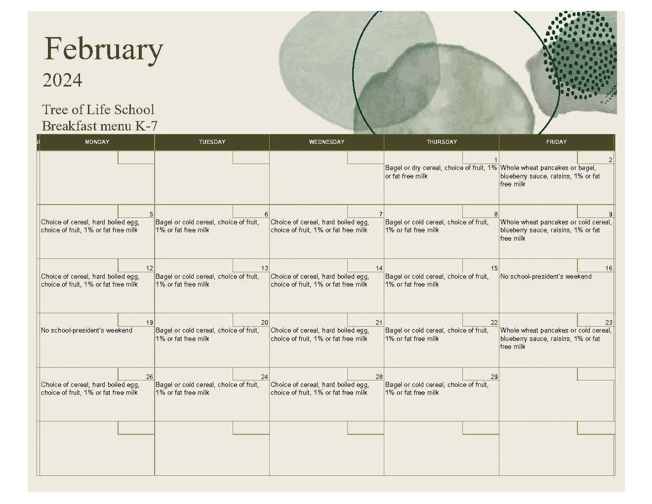 Menus — Tree of Life Charter School