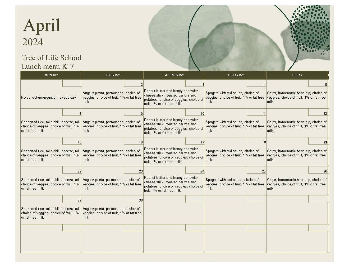 Menus — Tree of Life Charter School