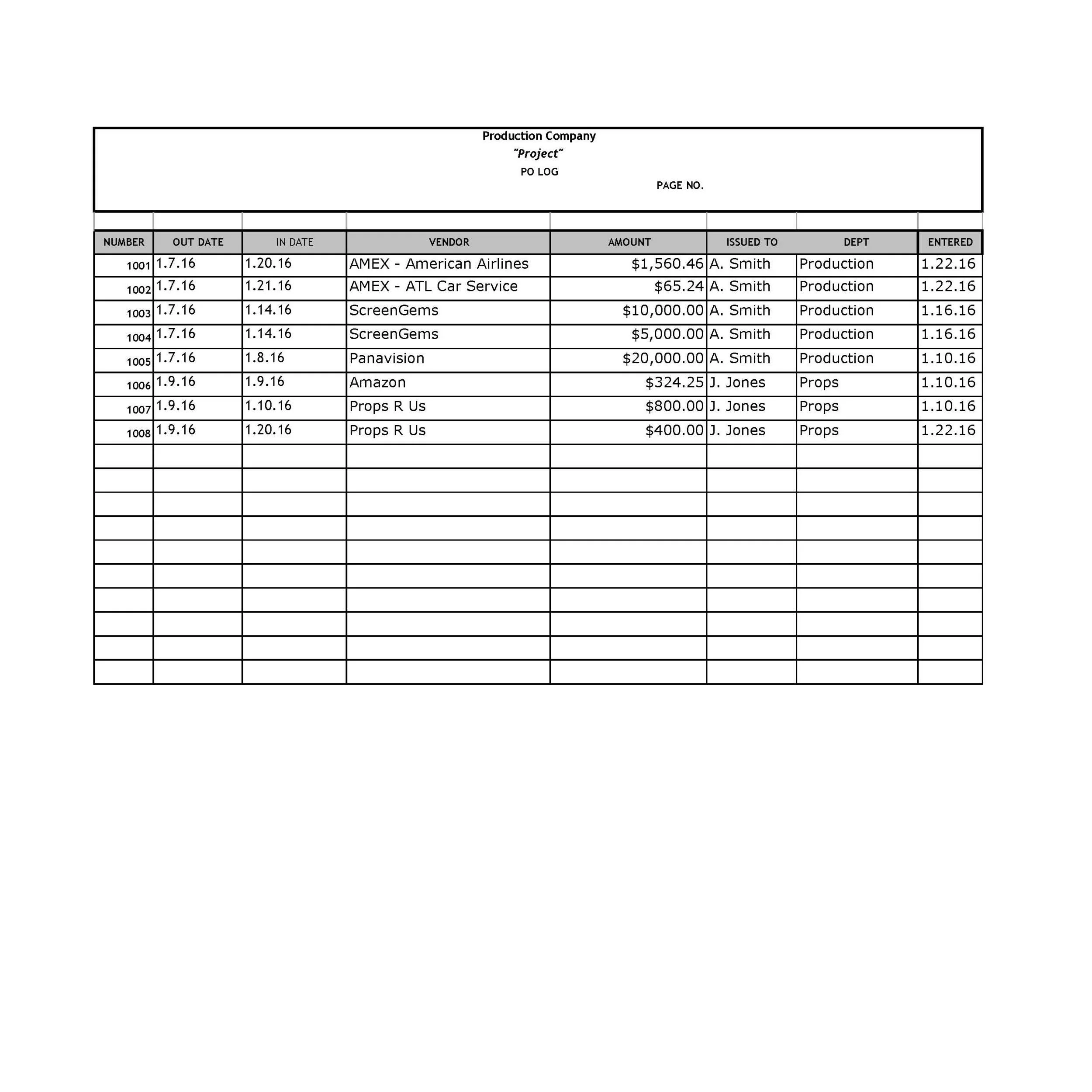 Purchase Order Log Template