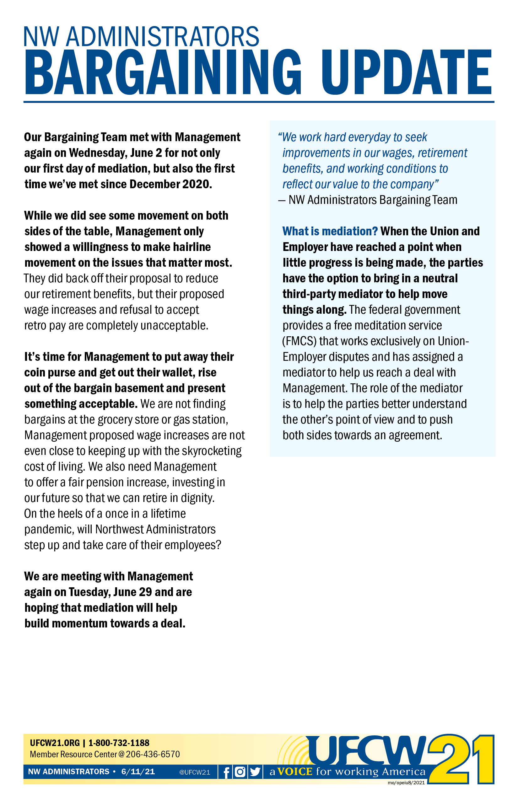 NW Administrators - Bargaining Update — UFCW 3000