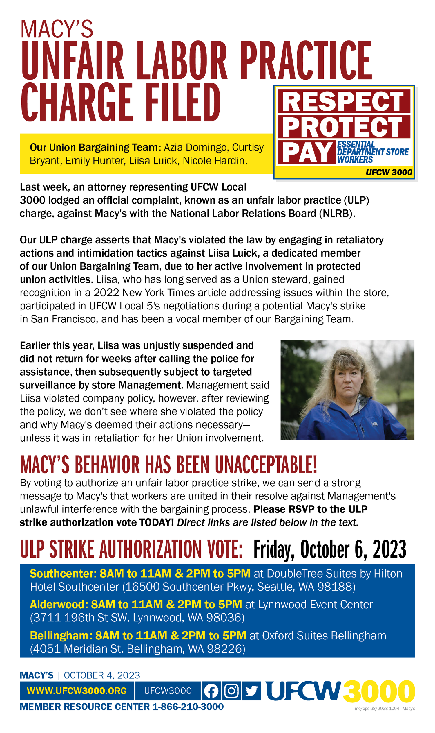 Macy’s - UNFAIR LABOR PRACTICE CHARGE FILED — UFCW 3000