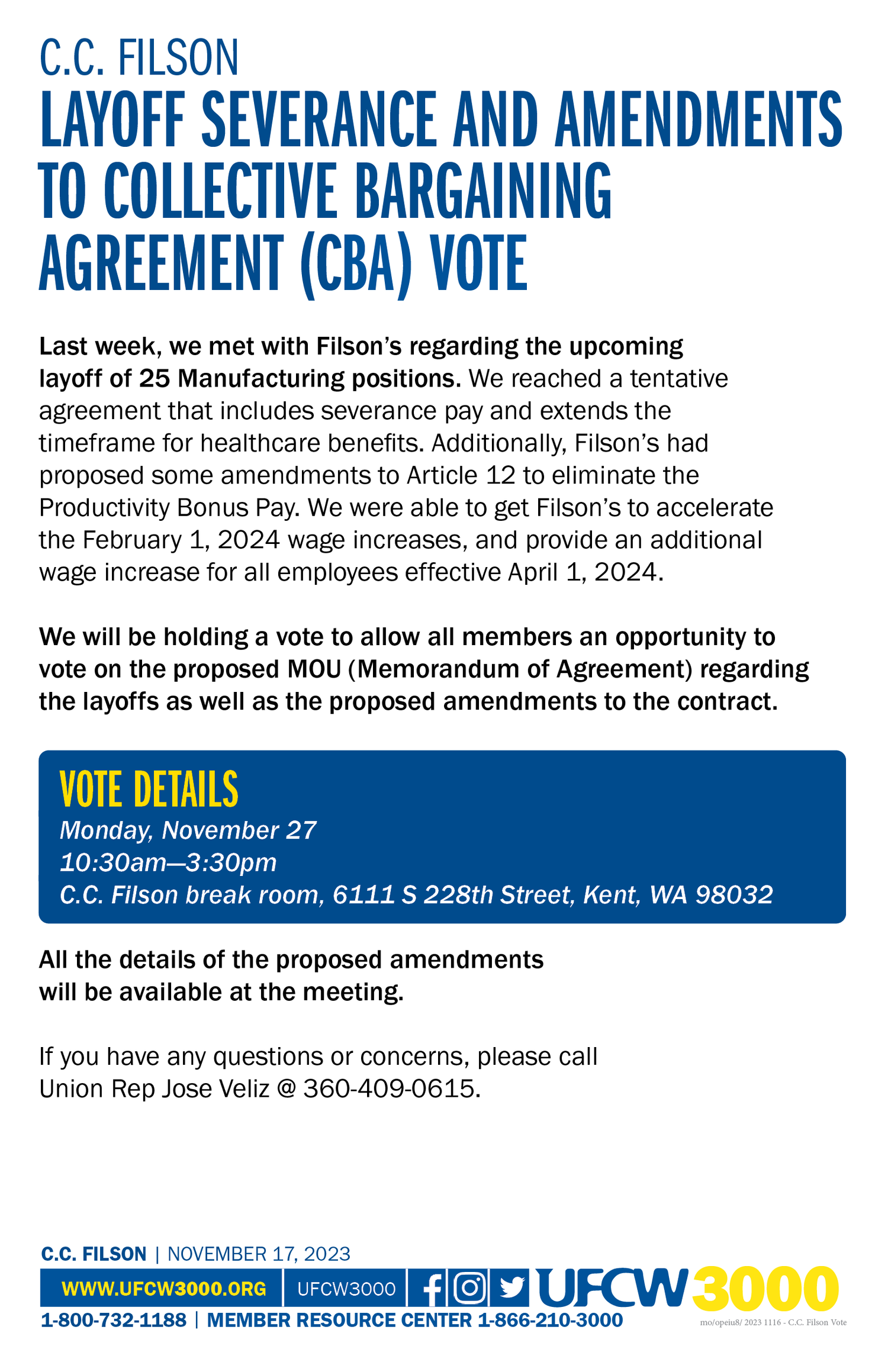 C.C. Filson - Layoff severance and amendments to Collective Bargaining Agreement (CBA) Vote ...