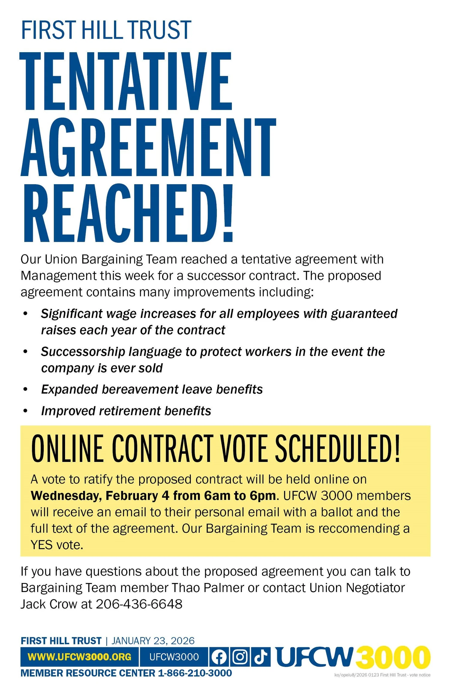 First Hill Trust Tentative Agreement Reached! — UFCW 3000