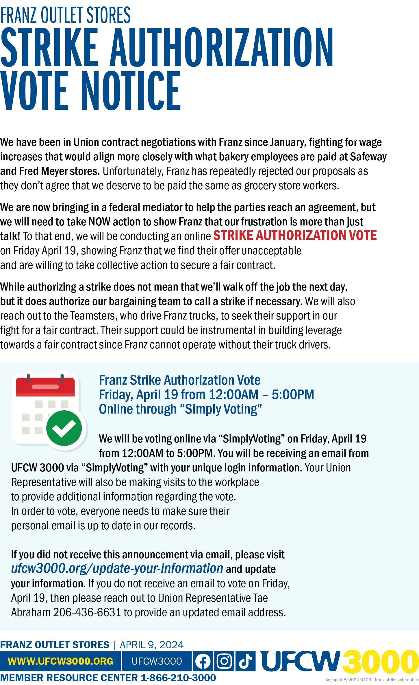 Franz Outlet Stores - Strike Authorization Vote Notice — UFCW 3000