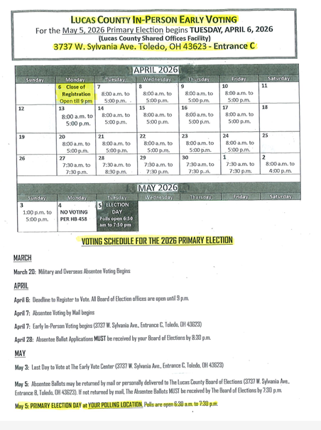 PRIMARY 2026 ELECTION CALENDAR — Lucas County Democratic Party