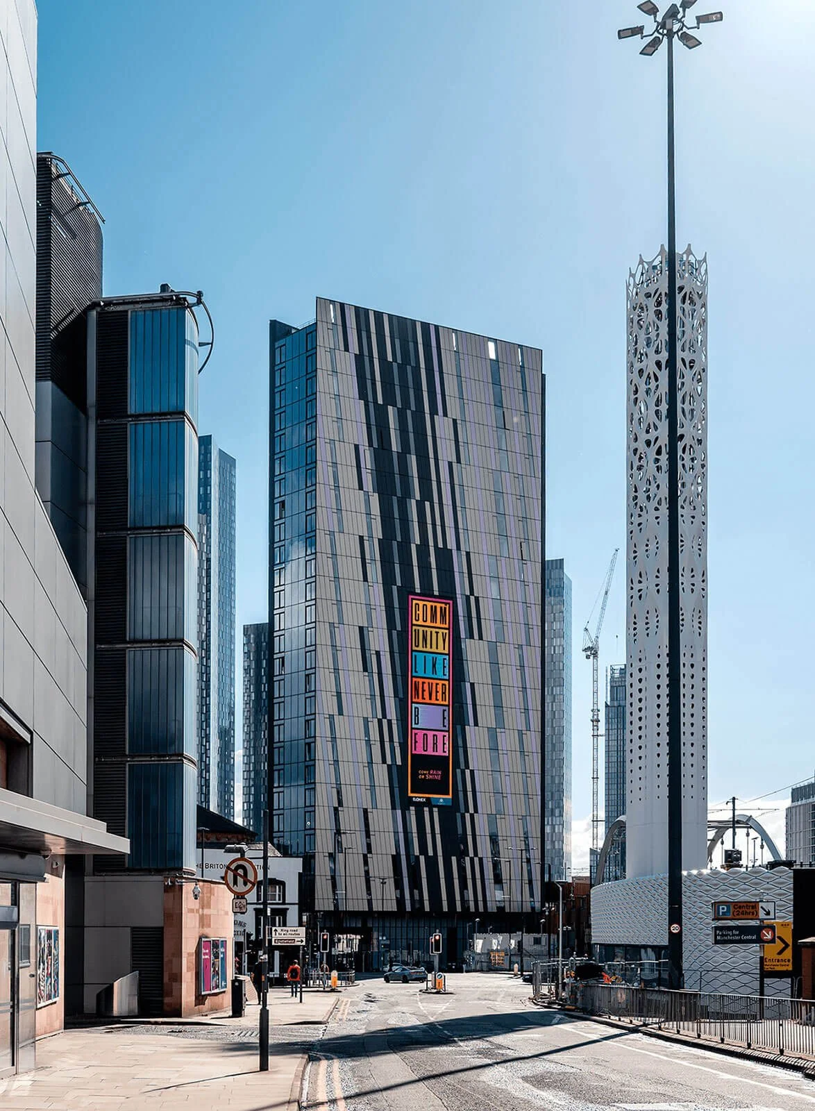 Vibrant heartfelt public message on the Axis Tower