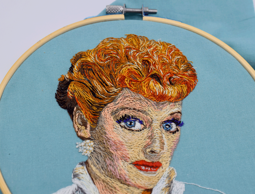 I LOVE LUCY; AN EMBROIDERED PORTRAIT ON COLORED FABRIC — Pam Ash Designs