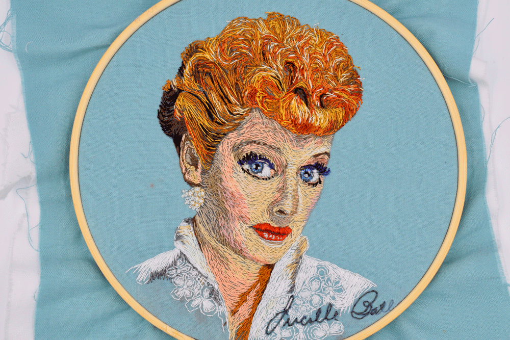 I LOVE LUCY; AN EMBROIDERED PORTRAIT ON COLORED FABRIC — Pam Ash Designs