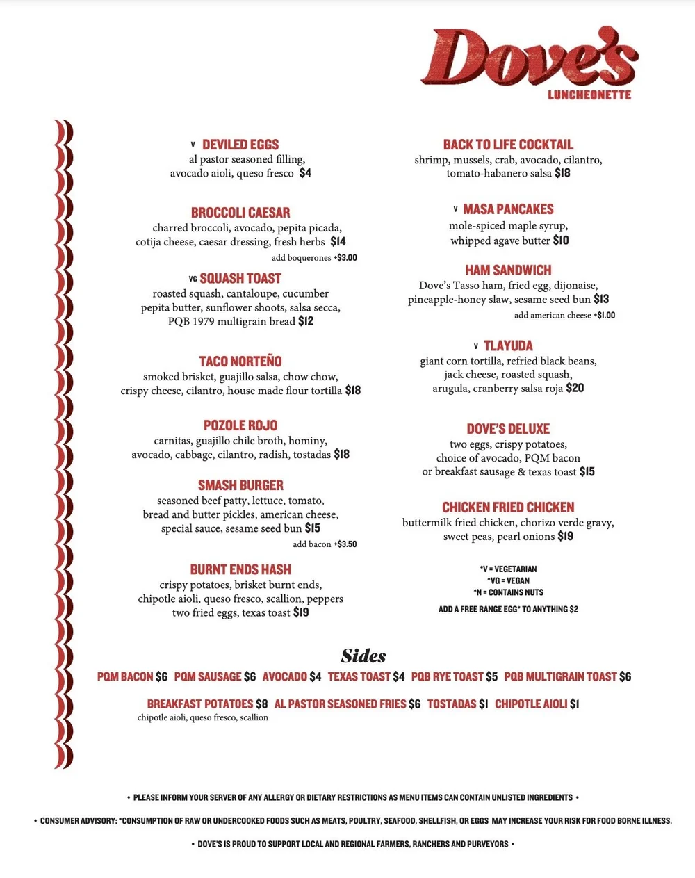 Menu — Dove's Luncheonette Chicago