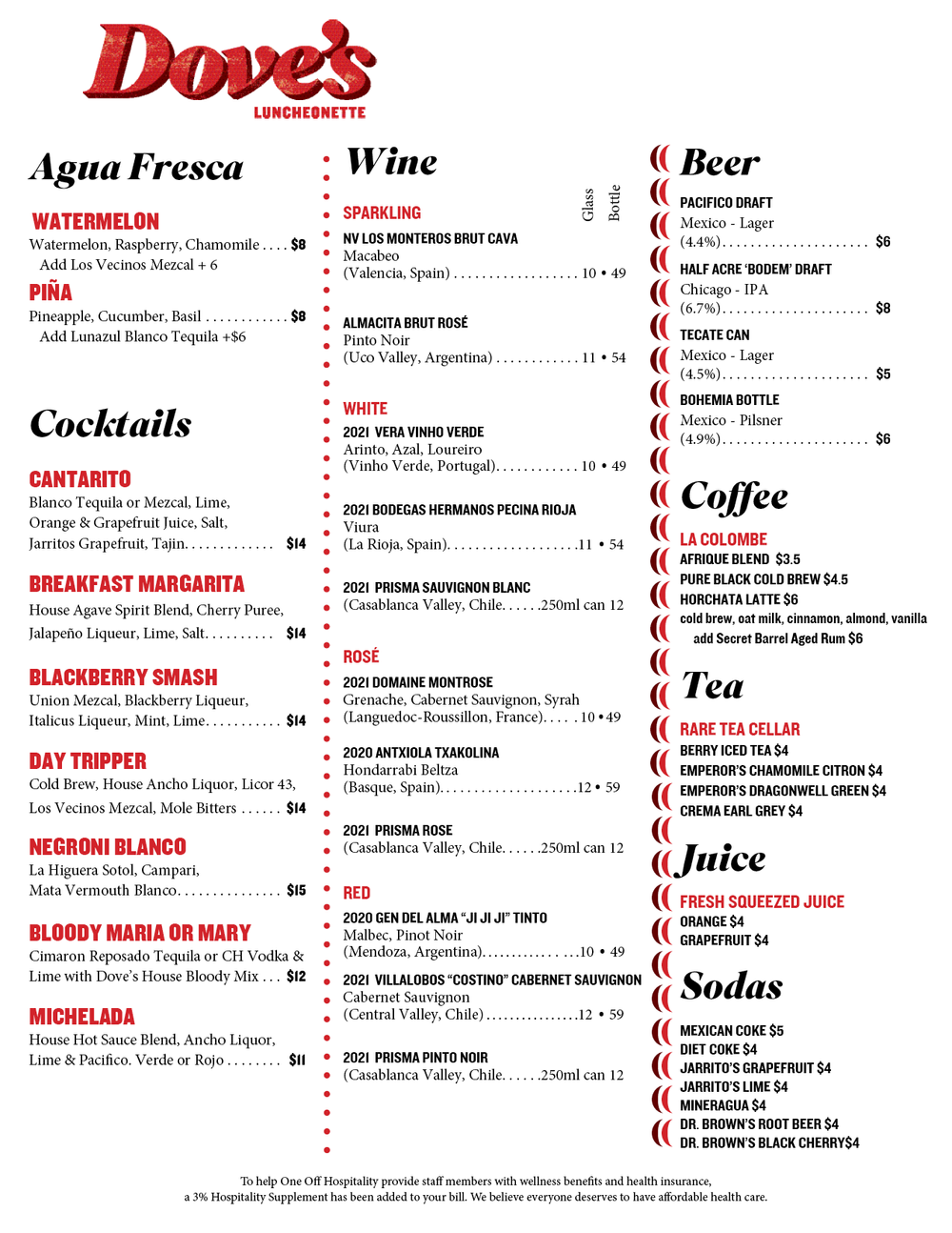 Menu — Dove's Luncheonette Chicago