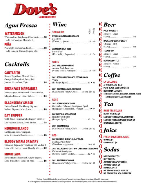 Menu — Dove's Luncheonette Chicago