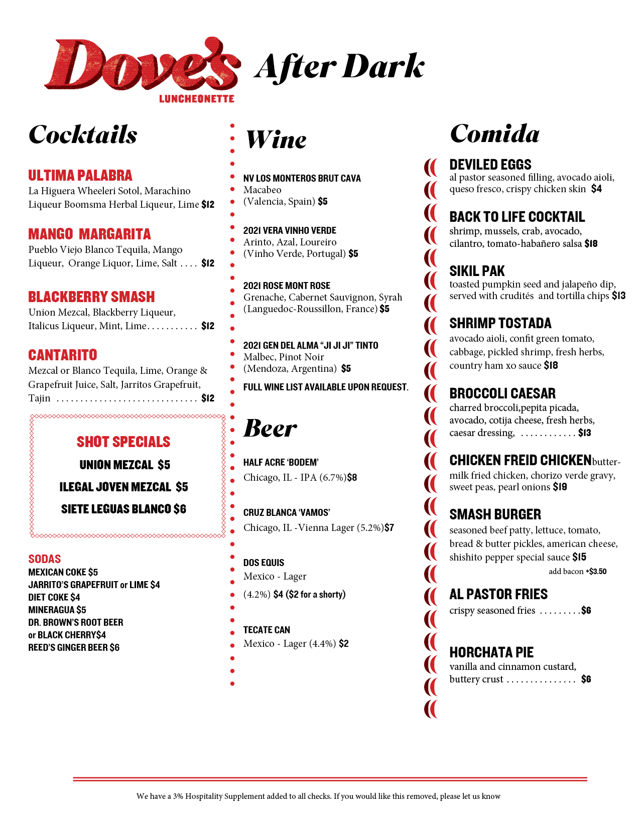 Menu — Dove's Luncheonette Chicago