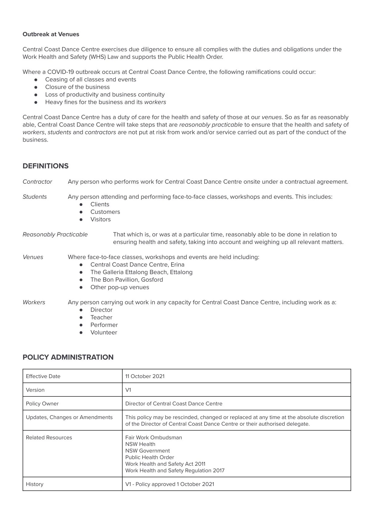 Policies & Procedures — Central Coast Dance