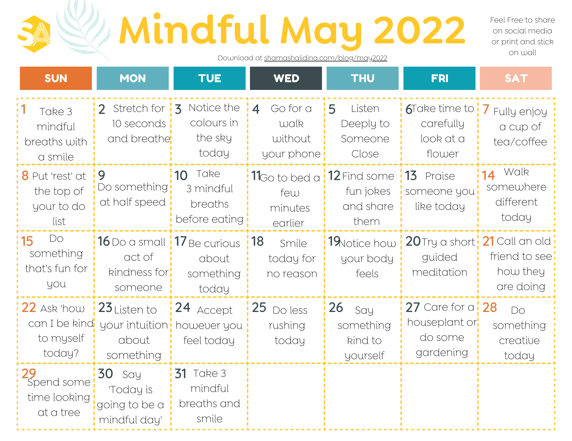 Mindful May 2022 Calendar by Shamash Alidina