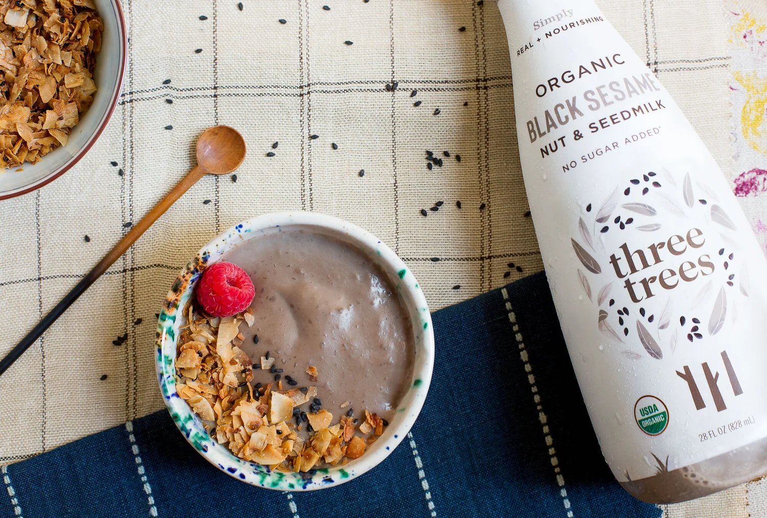 Three Trees Warm Black Sesame Cardamom Pudding with Toasted Coconut (Vegan)
