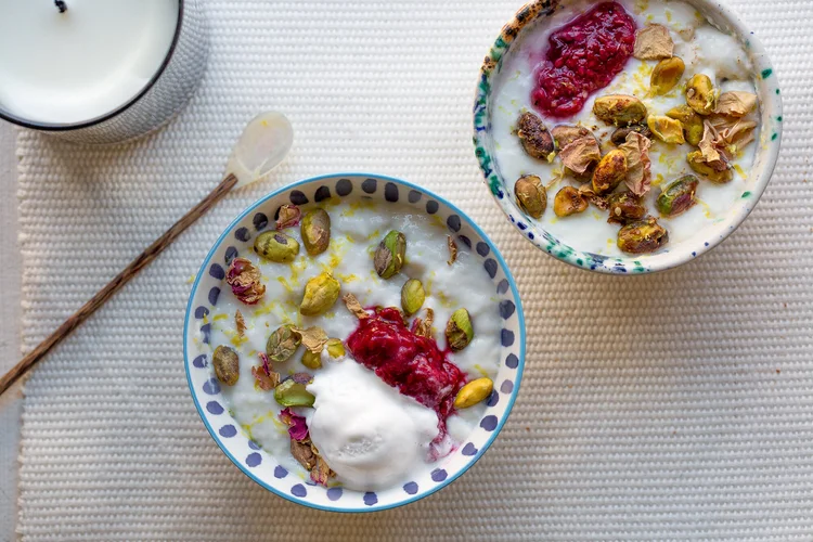 Cool Rose Cardamom Pudding with Raspberries and SoDelicious Coconut Cream