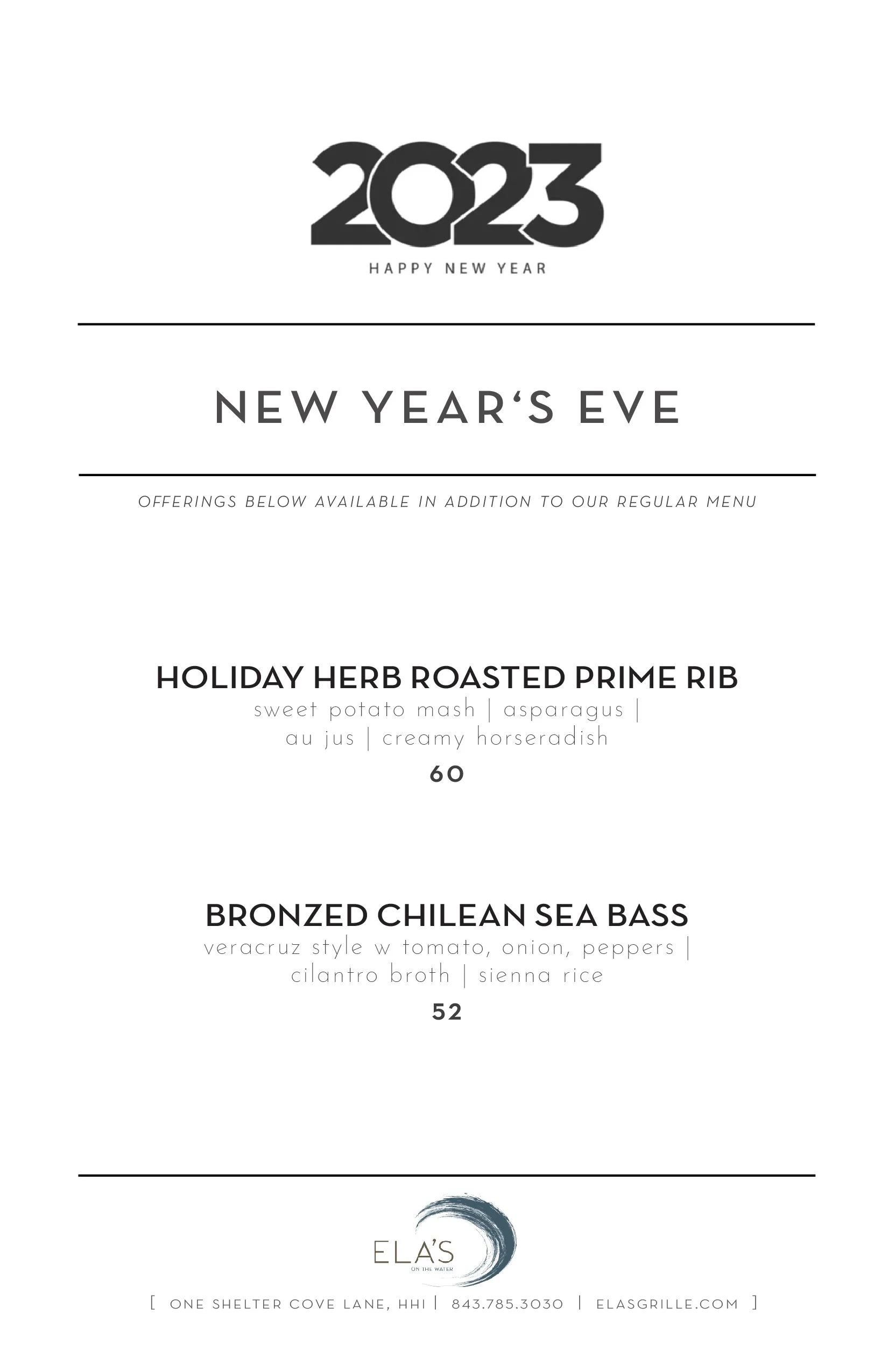 Menus — ELA'S On the Water, Hilton Head Island