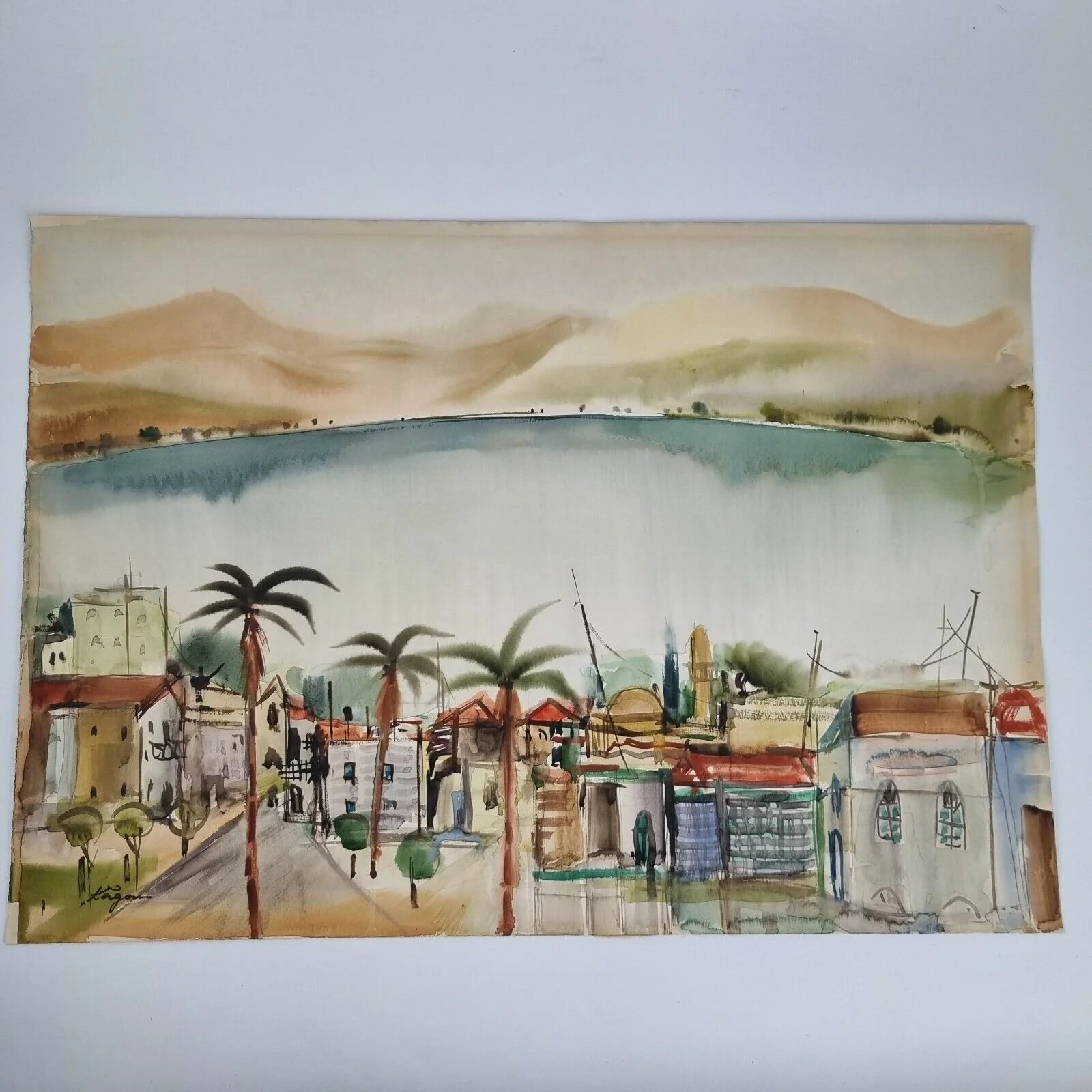 Moshe Kagan Israeli Jerusalem Signed Watercolour Landscape — Wheeler ...