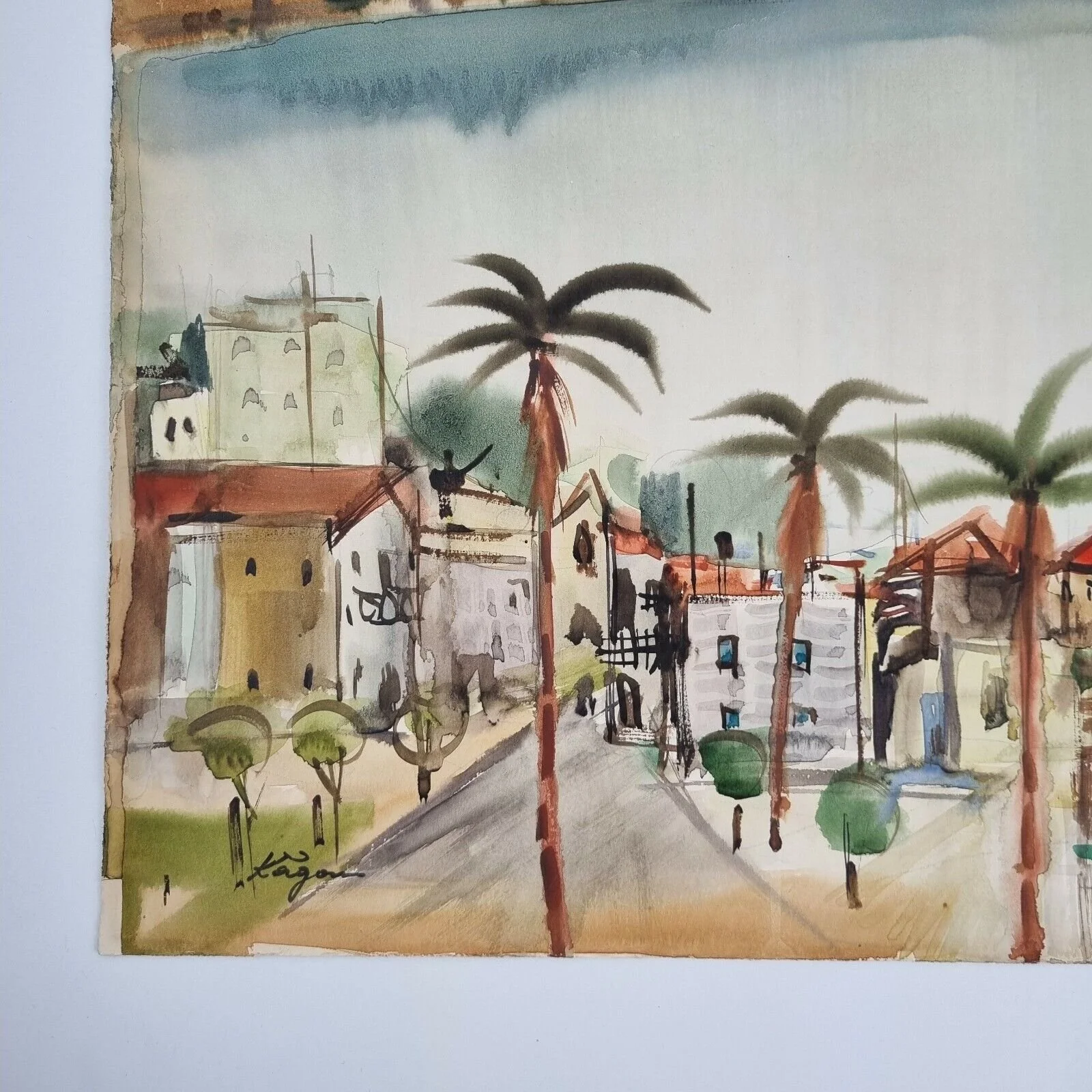 Moshe Kagan Israeli Jerusalem Signed Watercolour Landscape — Wheeler ...
