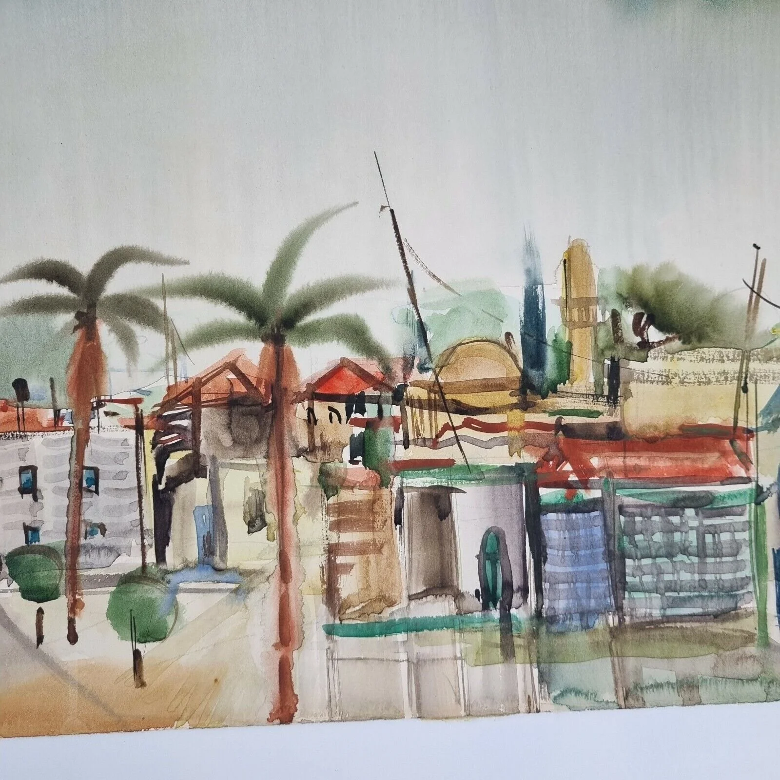 Moshe Kagan Israeli Jerusalem Signed Watercolour Landscape — Wheeler ...