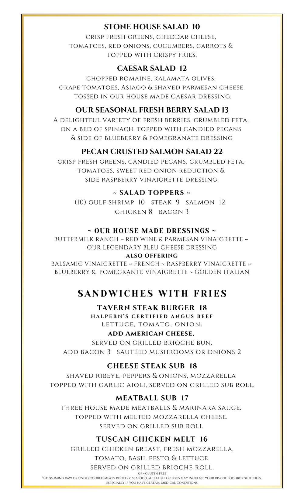 Menu — The Stone House Restaurant & Inn