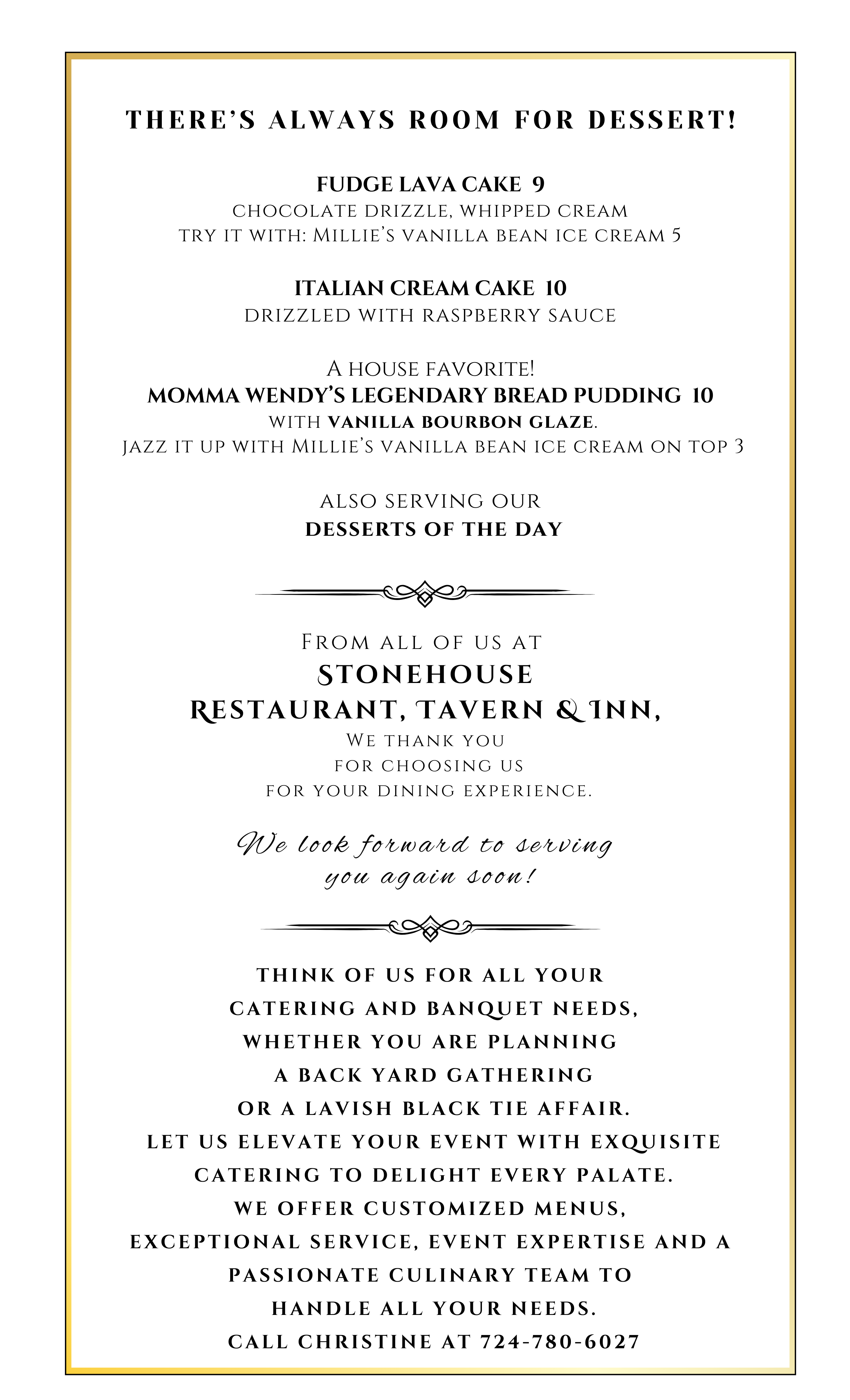 Menu — The Stone House Restaurant & Inn