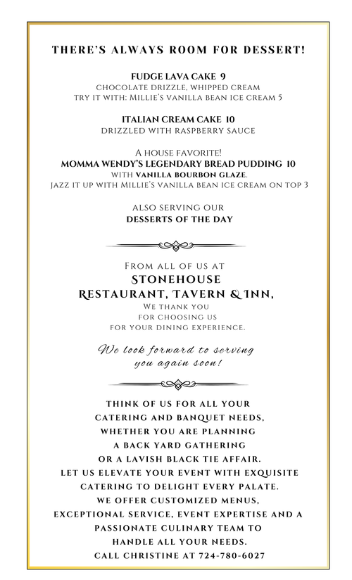 Menu — The Stone House Restaurant & Inn