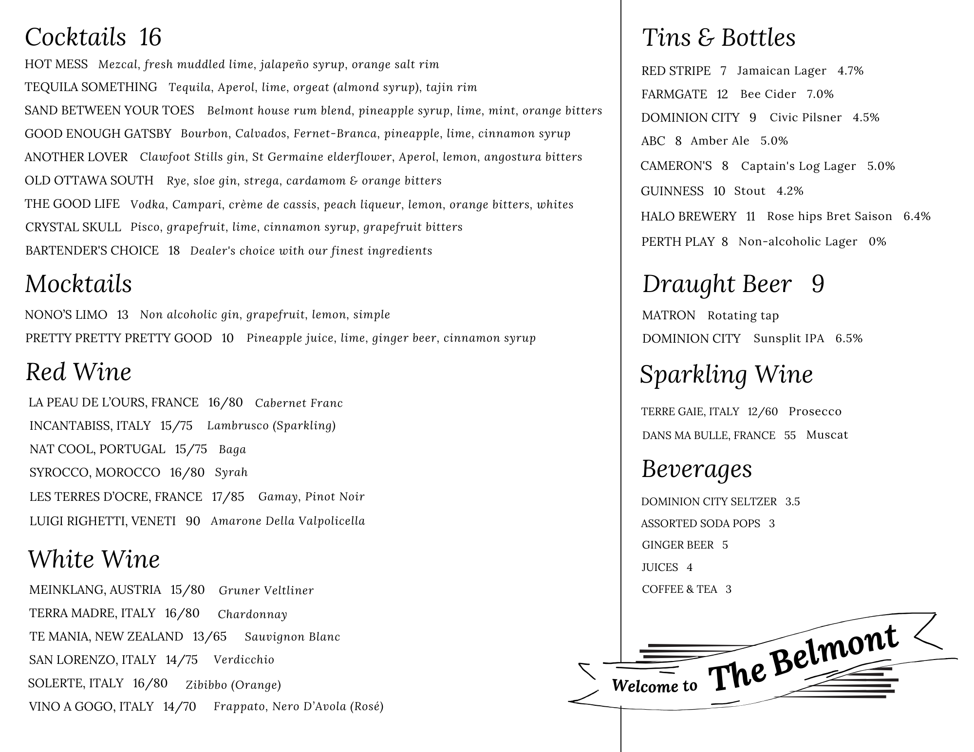 DINNER MENU — THE BELMONT
