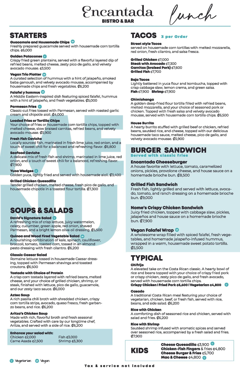 RESTAURANT MENUS - ENGLISH — Encantada Ocean Cottages
