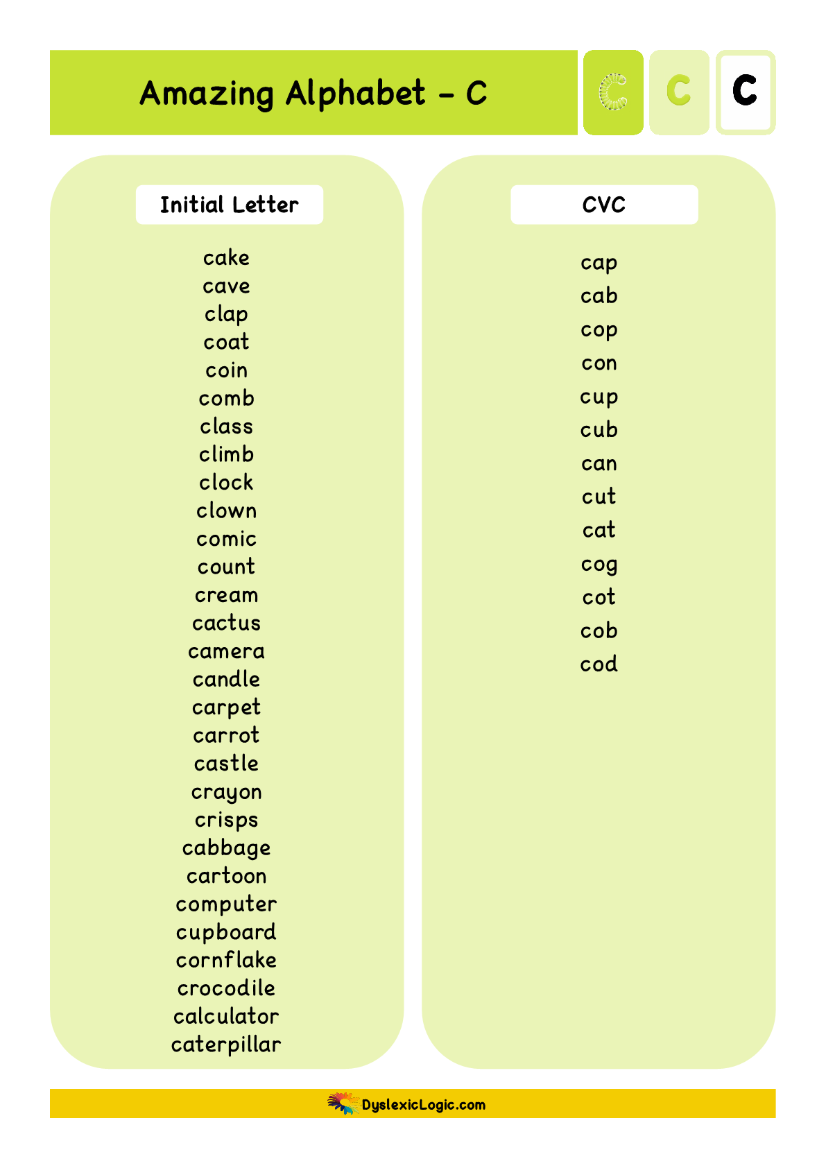 Alphabet Resources - letter 'C' — Dyslexic Logic