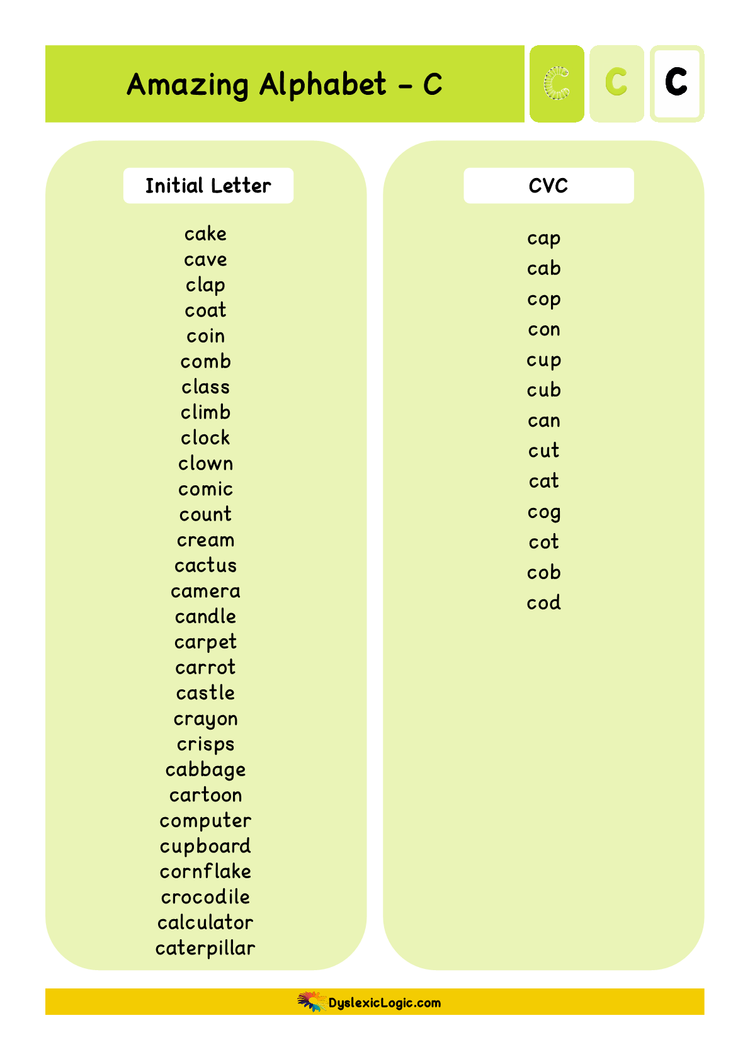 Alphabet Resources - letter 'C' — Dyslexic Logic