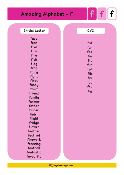 Alphabet Resources - letter 'F' — Dyslexic Logic