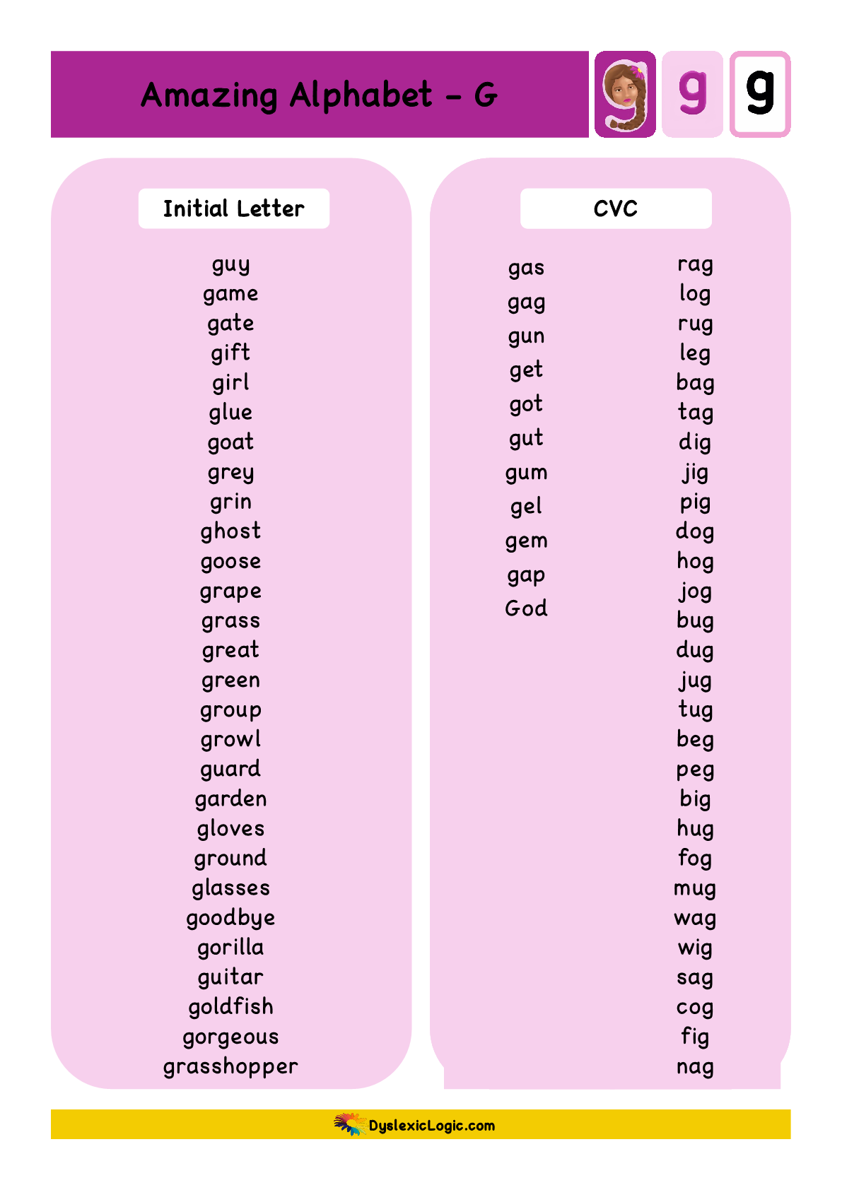 Alphabet Resources - letter 'G' — Dyslexic Logic