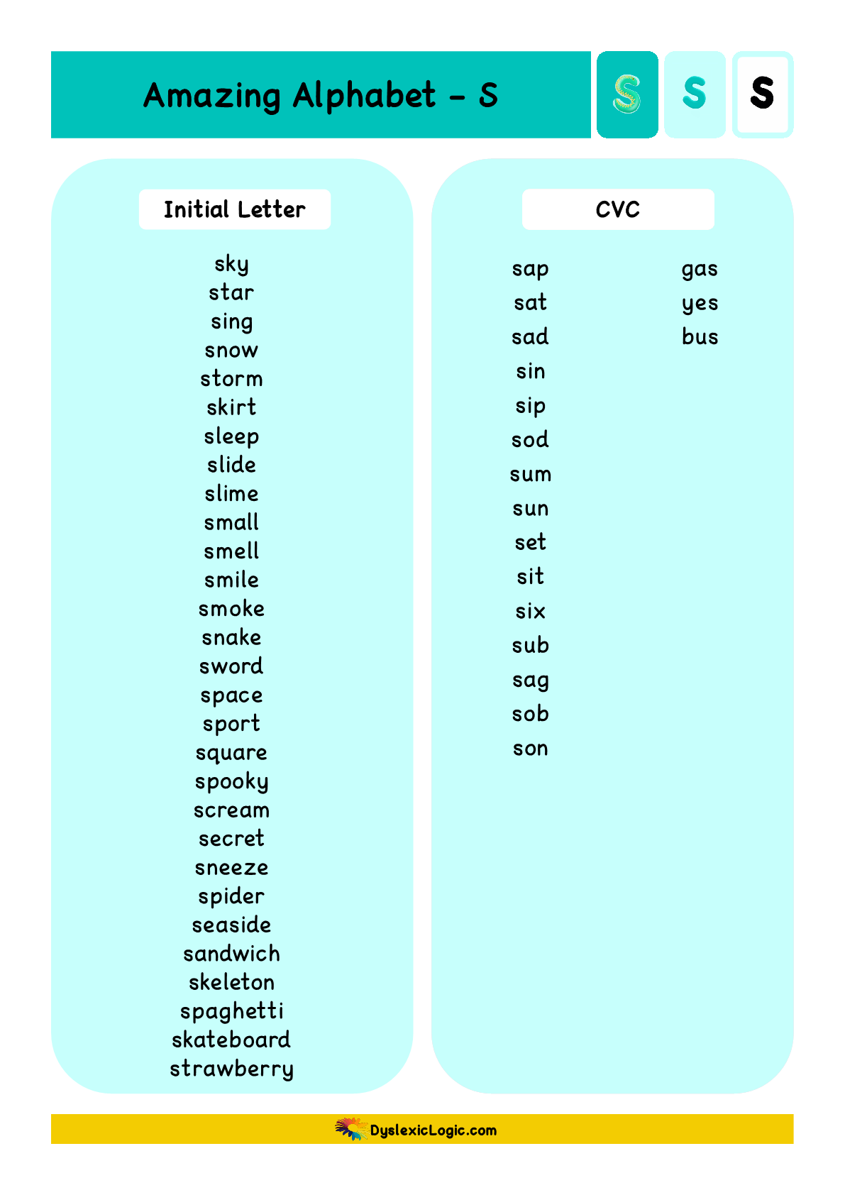 Alphabet Resources - letter 'S' — Dyslexic Logic