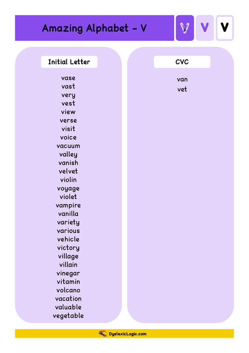 Alphabet Resources - letter 'V' — Dyslexic Logic