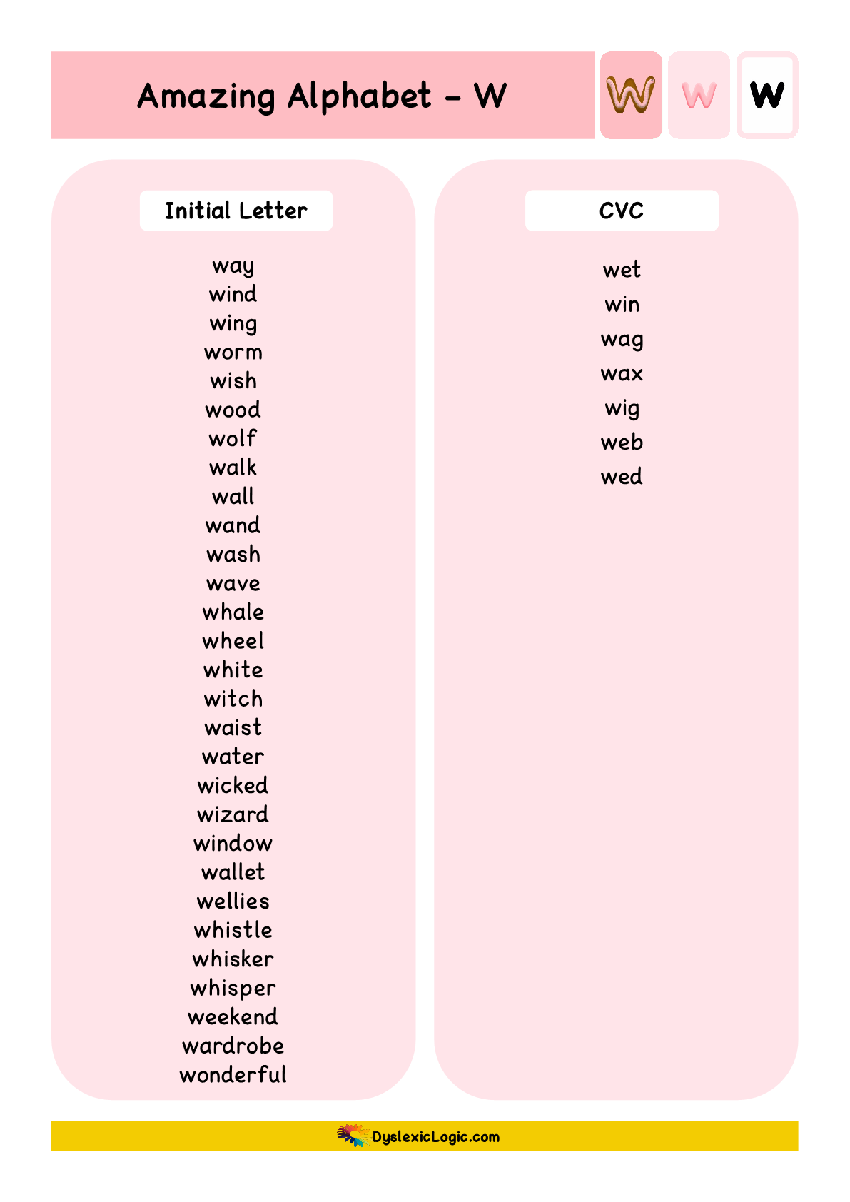 Alphabet Resources - letter 'W' — Dyslexic Logic