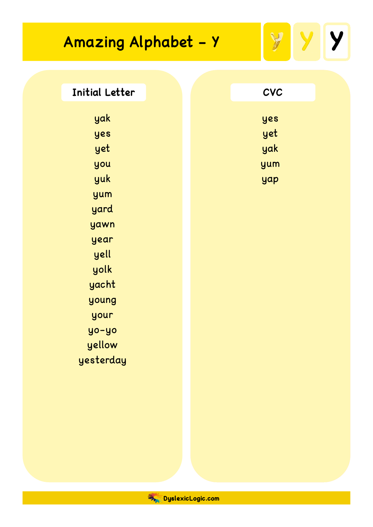 Alphabet Resources - letter 'Y' — Dyslexic Logic