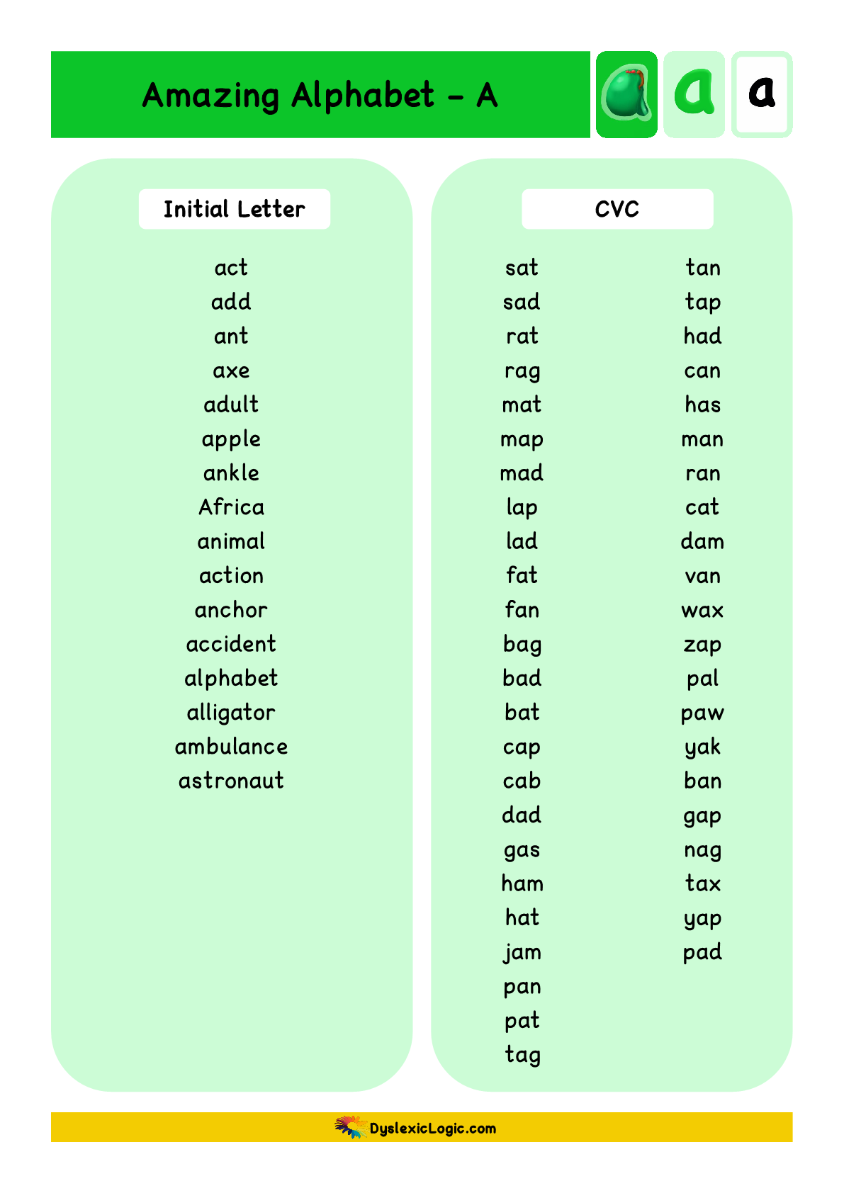 Short Vowel Resources - Medial 'A' — Dyslexic Logic