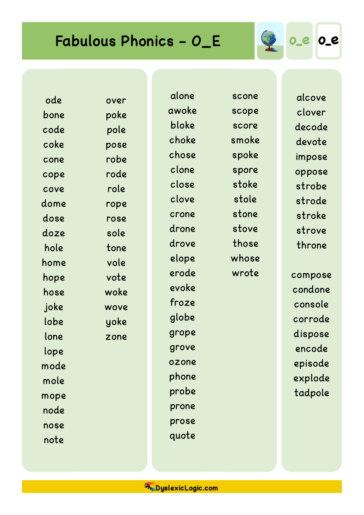 Long Vowel Resources - 'O_E' — Dyslexic Logic