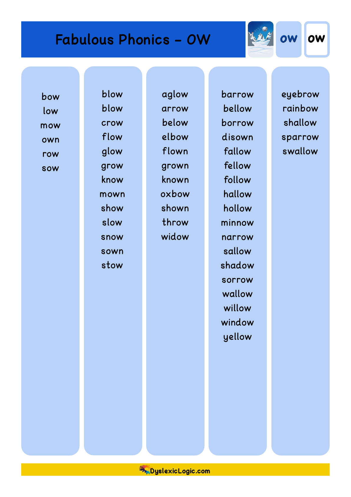 Long Vowel Resources - 'OW' — Dyslexic Logic