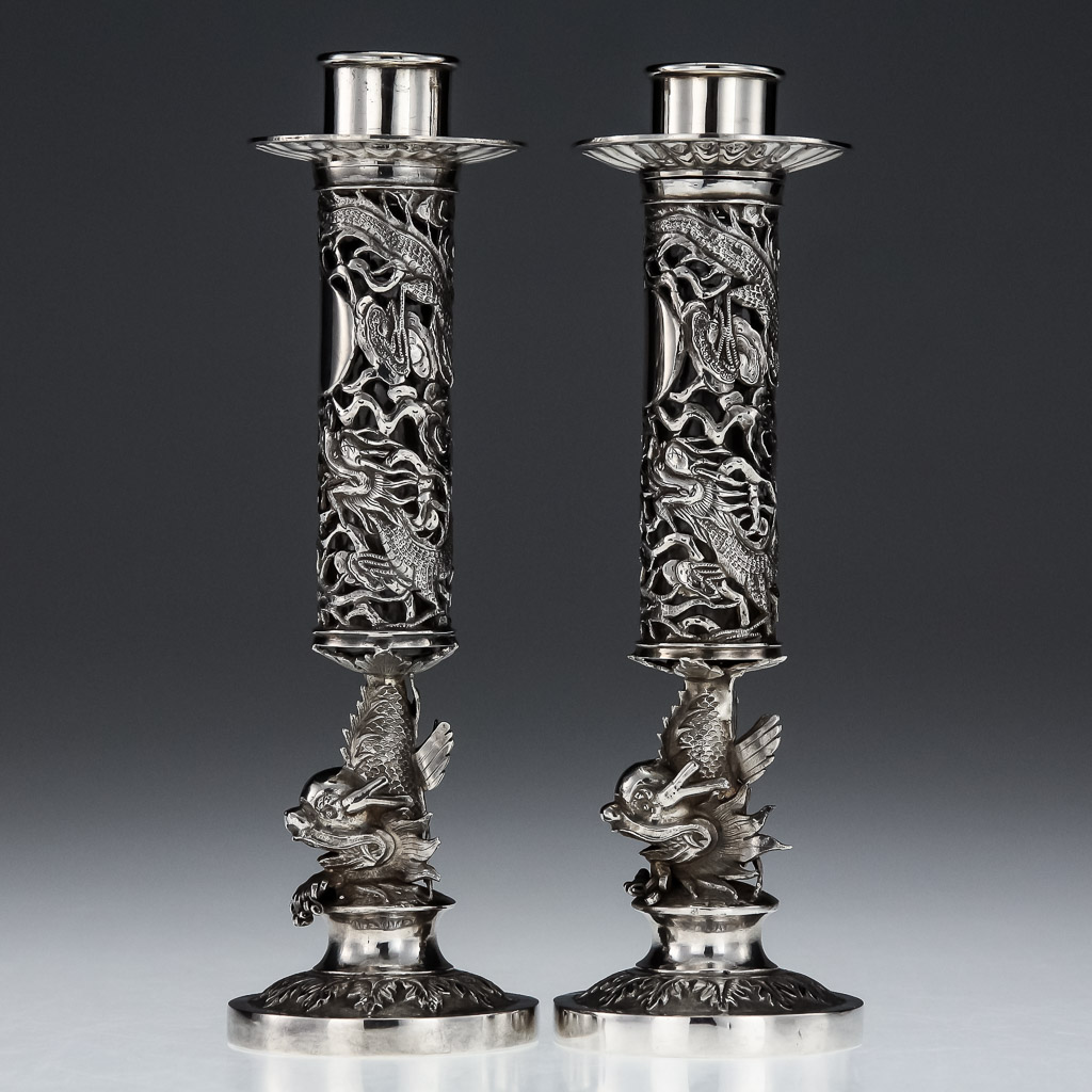 ANTIQUE 19thC CHINESE CUMSHING SOLID SILVER PAIR OF CANDLESTICKS ...