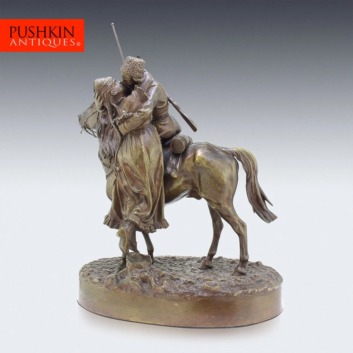 ANTIQUE 19thC RUSSIAN BRONZE 'THE CASSACK'S FAREWELL, VASILIY GRACHEV c.1880 — Pushkin's