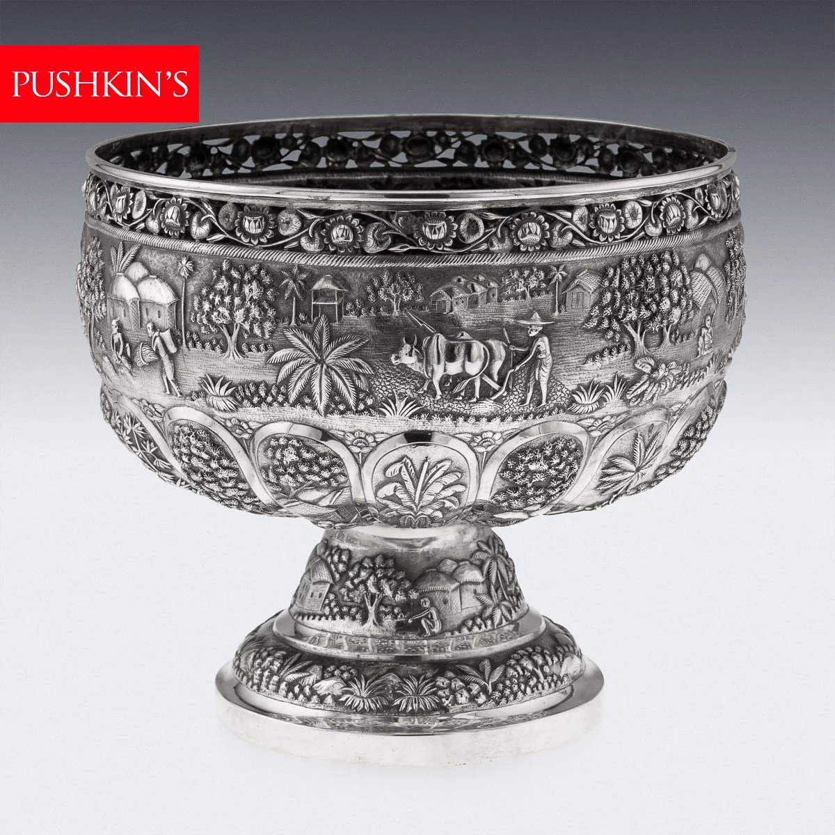ANTIQUE 20thC INDIAN (CALCUTTA) SOLID SILVER REPOUSSE BOWL, GRISH ...