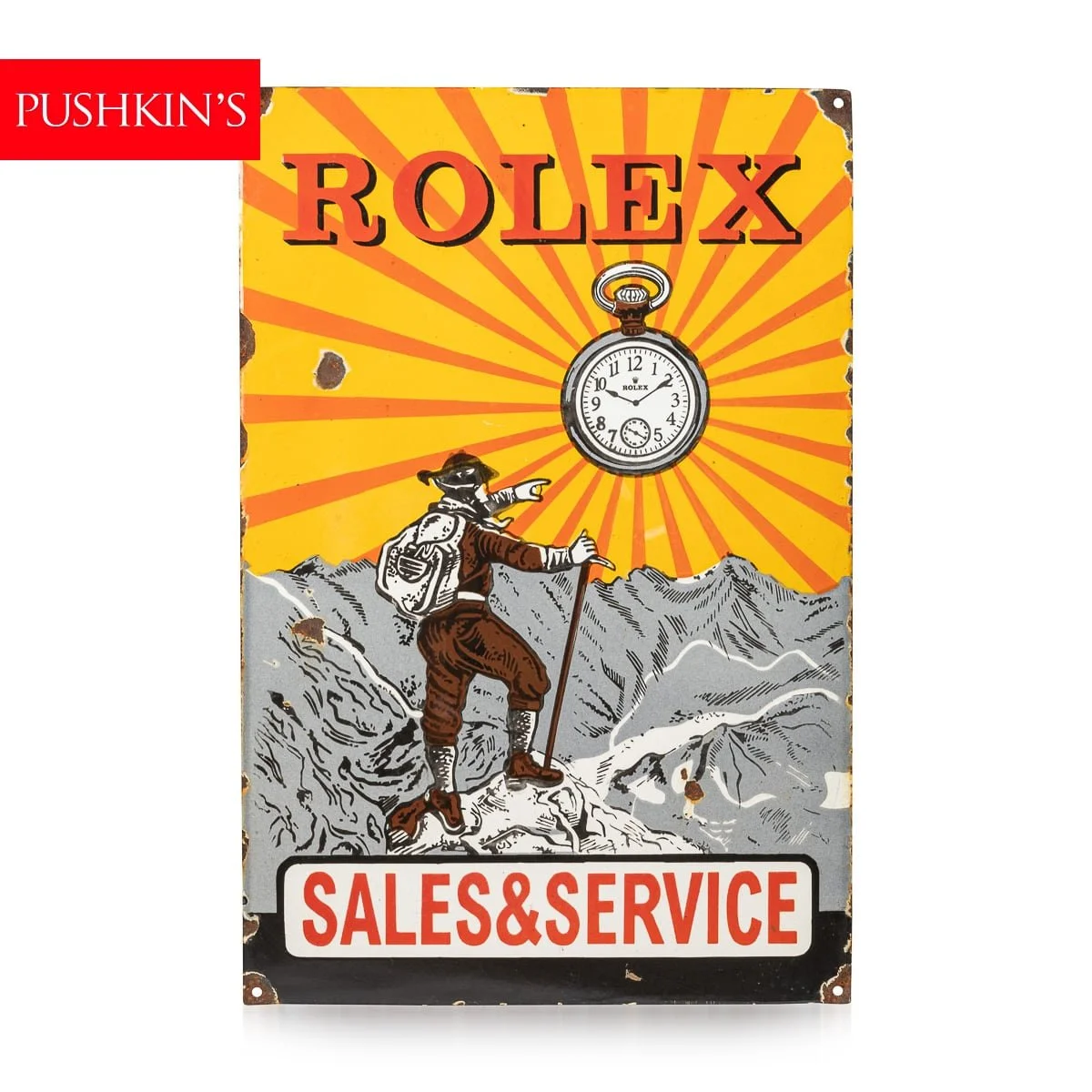 VINTAGE 20thC ROLEX SALES & SERVICE ENAMEL SIGN c.1960 — Pushkin's