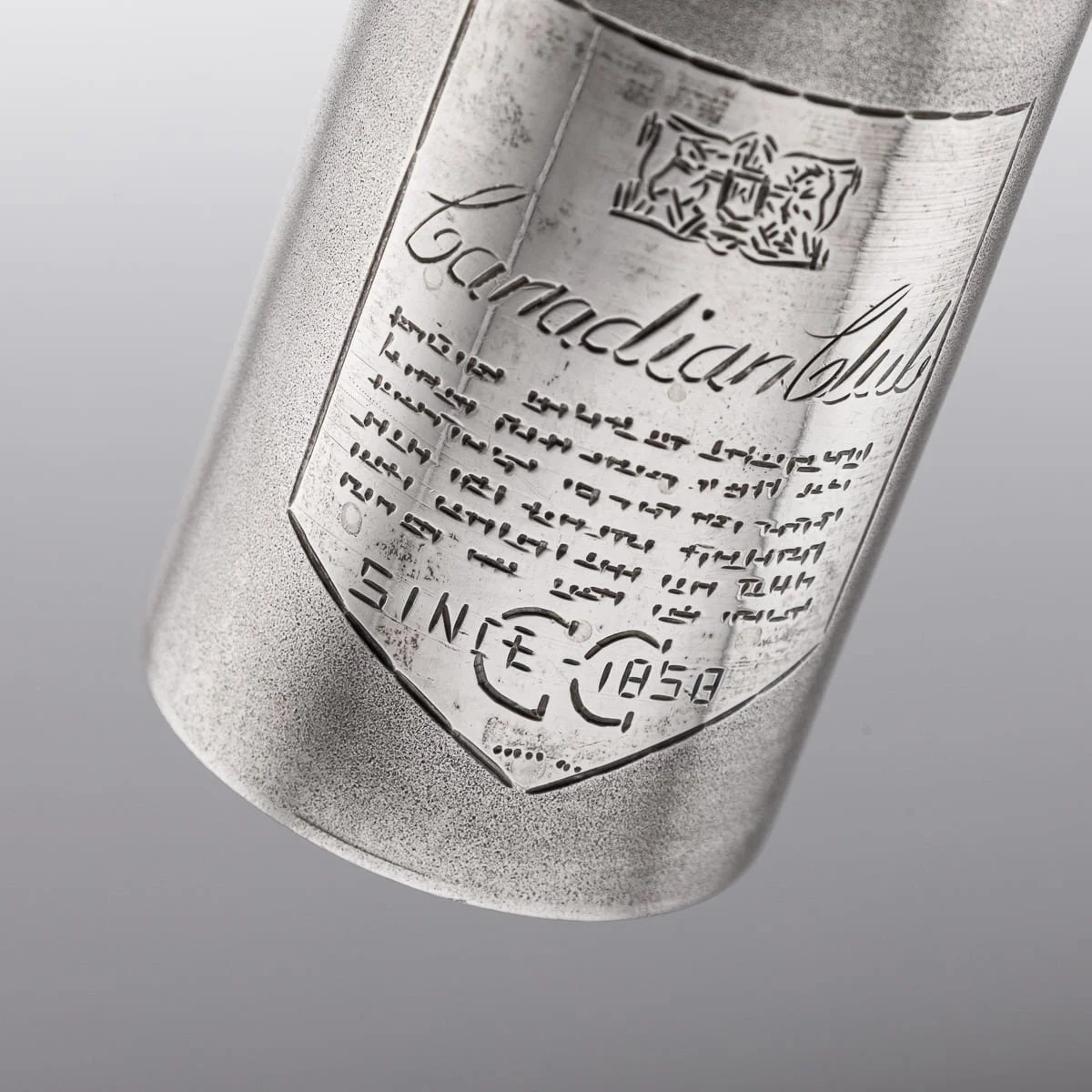 NOVELTY SOLID SILVER MINIATURE CANADIAN CLUB WHISKY BOTTLE — Pushkin's